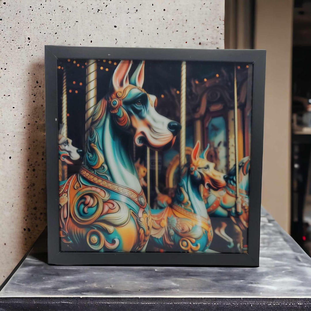 Carousel Great Dane Lighted Shadow Box, Faux Stained Glass Nightlight ...