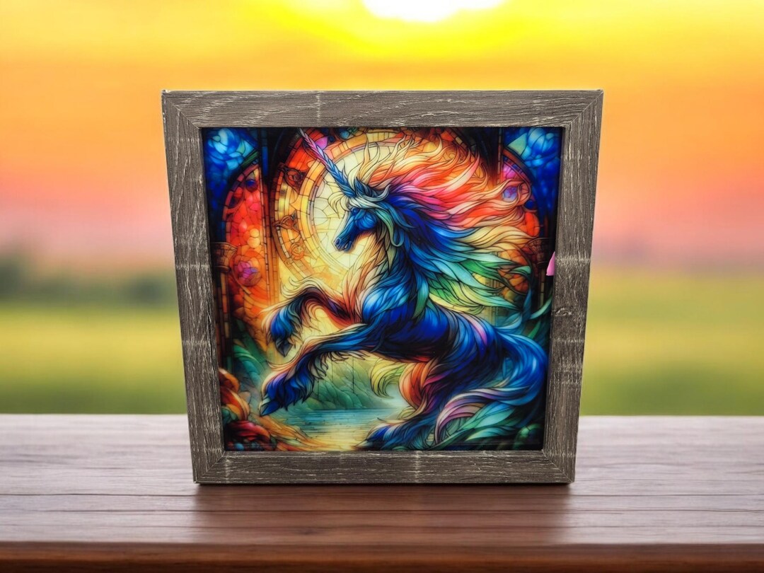 MYSTICAL UNICORN LED Lighted Shadow Box, Faux Stained Glass Nightlight ...