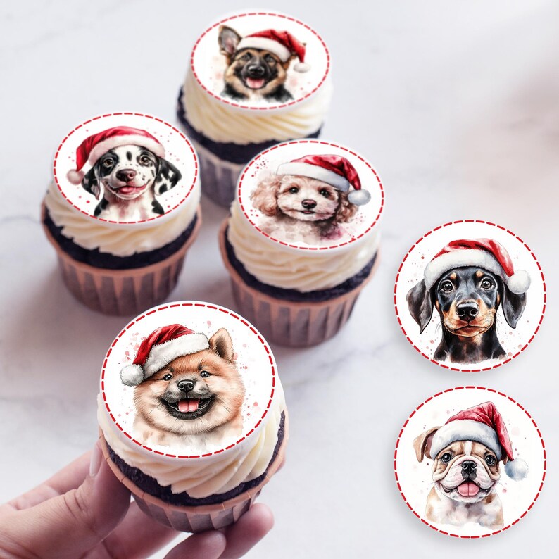 Printable Christmas Dog Cupcake Toppers | Dogs in Santa Hats | Holiday ...