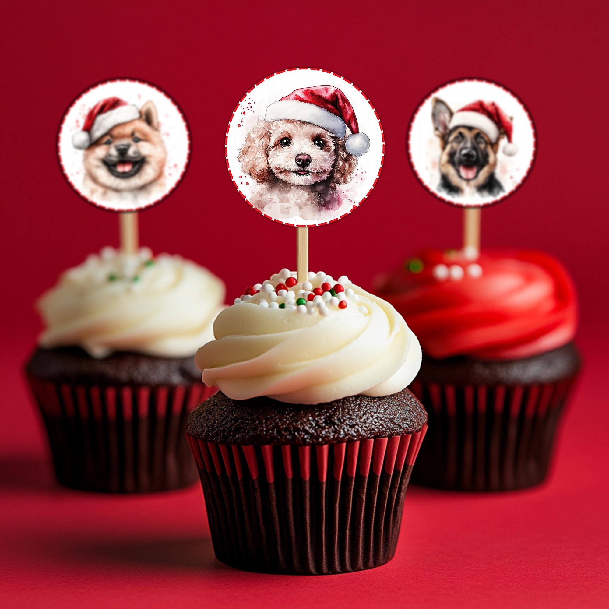 Printable Christmas Dog Cupcake Toppers | Dogs in Santa Hats | Holiday ...