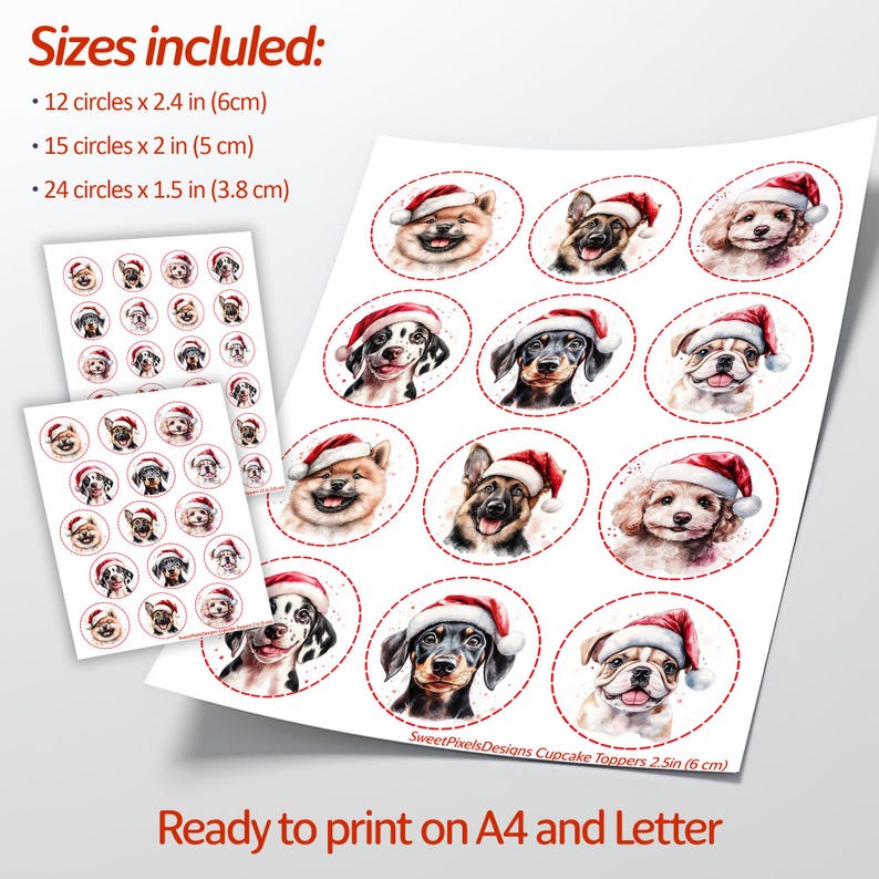 Printable Christmas Dog Cupcake Toppers | Dogs in Santa Hats | Holiday ...
