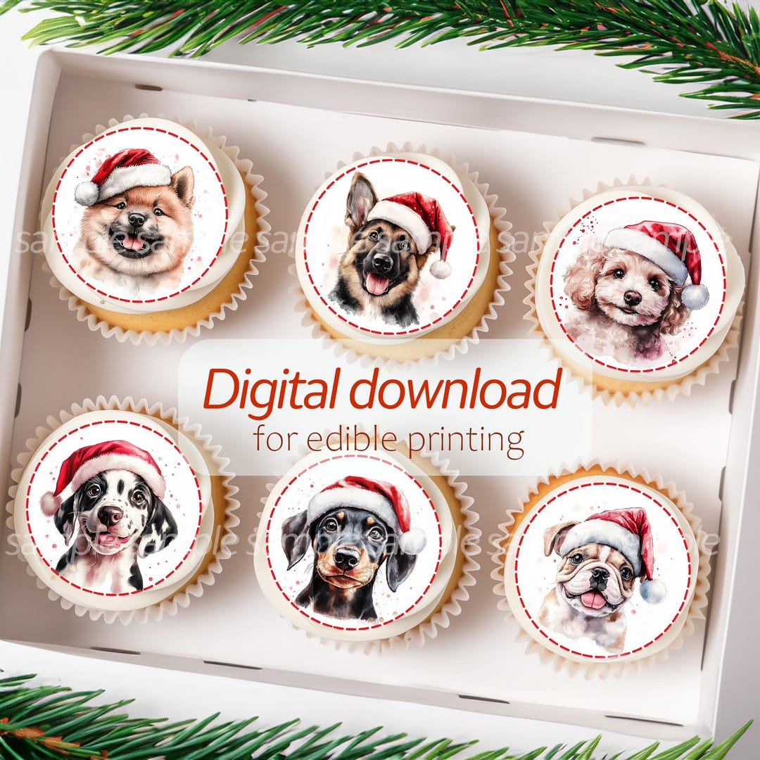 Printable Christmas Dog Cupcake Toppers | Dogs in Santa Hats | Holiday ...
