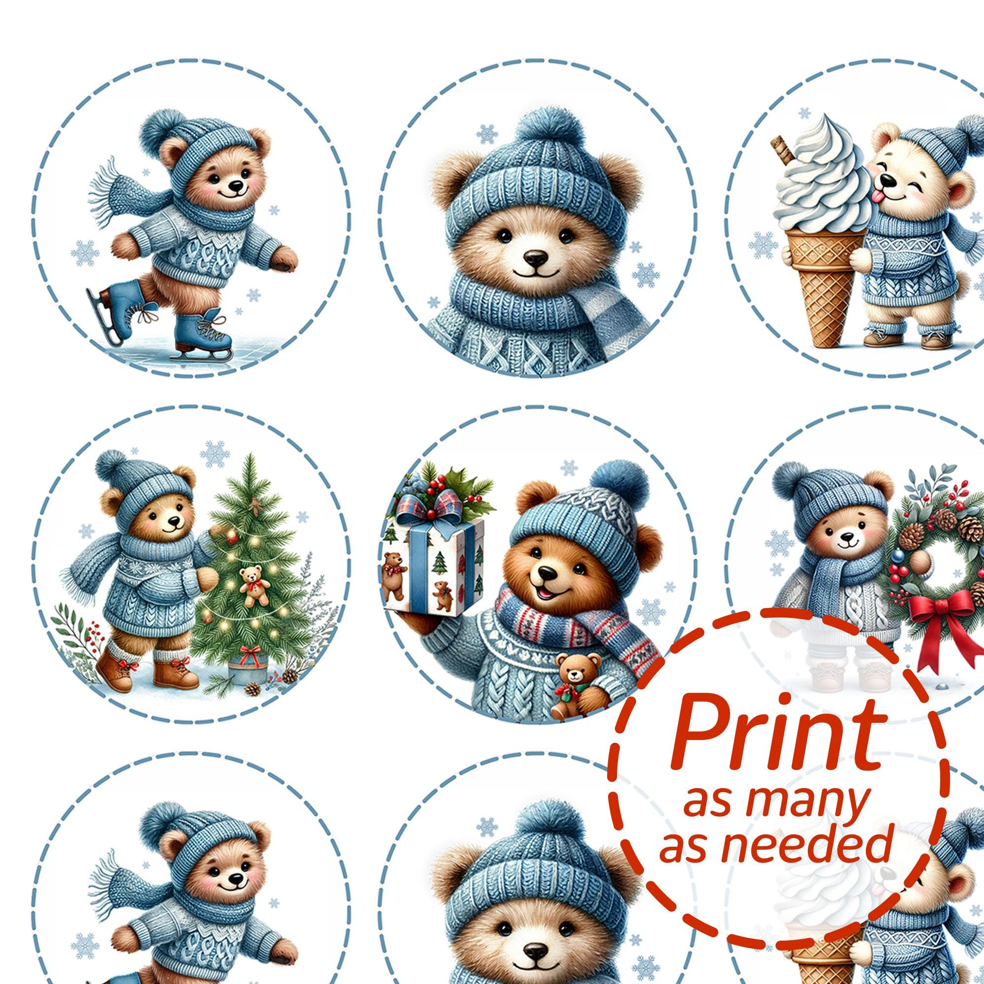 Printable Christmas Bear Cub Cupcake Toppers Blue Sweater & Scarf ...