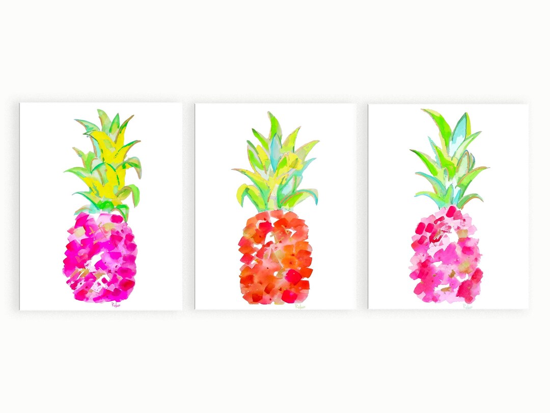 Pineapple Watercolor Art Print Set: Tropical Pink & Gold Kitchen Decor ...