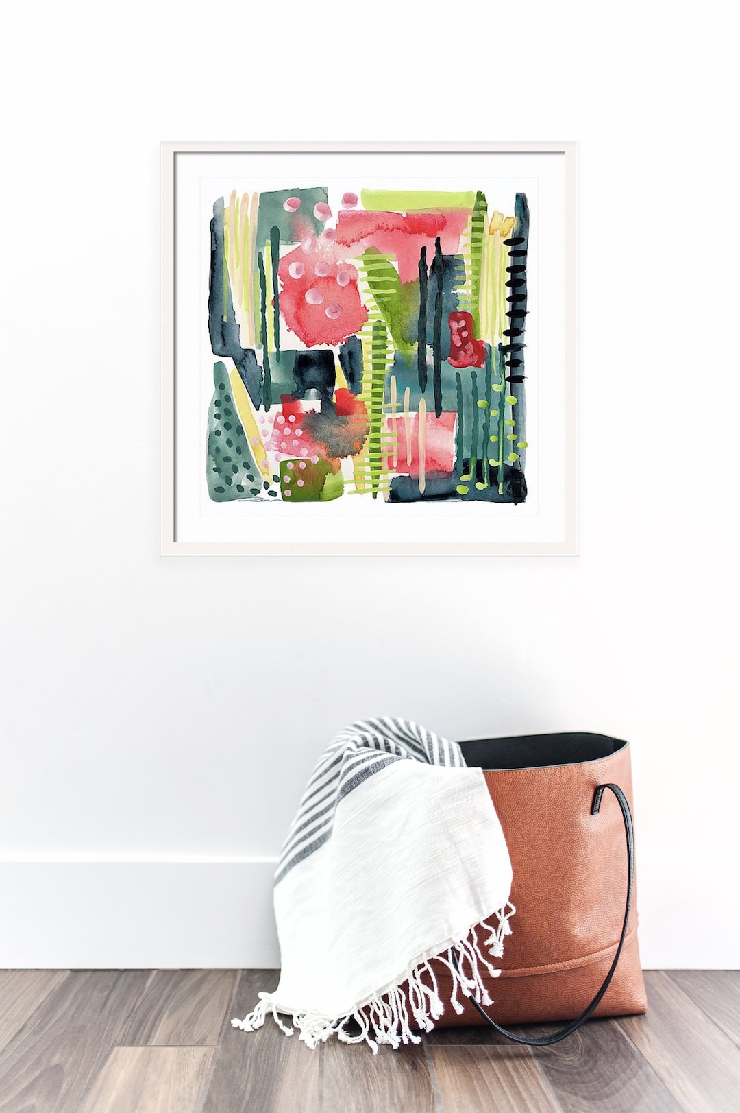 Green and Coral Abstract Art Print of Watercolor Painting-boho Chic ...