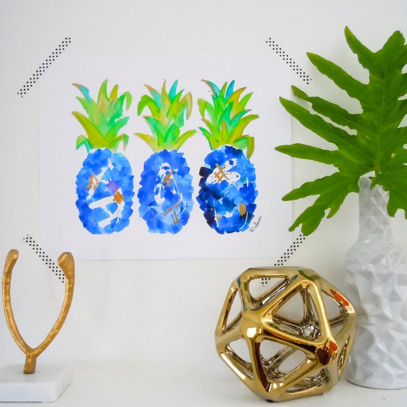 Blue Pineapples Art Print-tropical-blue-wall Art-home Decor ...