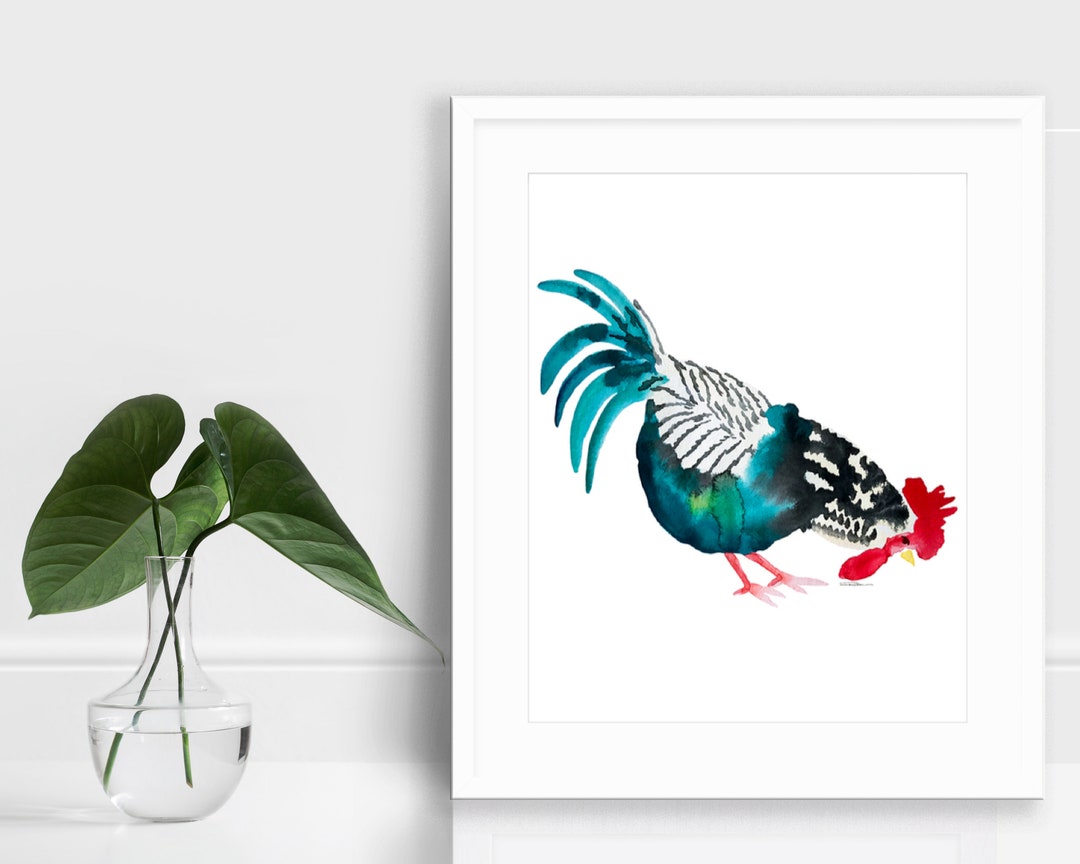 Teal and Red Rooster Watercolor Art Print: Modern Farmhouse Decor - Etsy