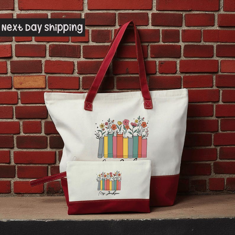 Personalized Teacher Book Flowers Tote Bag With Name, Custom School ...
