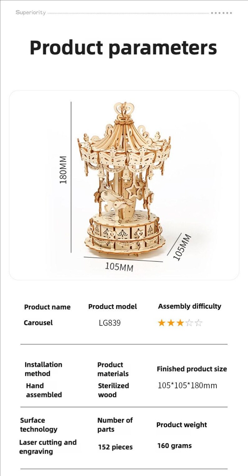 3D Wooden Puzzle Carousel – DIY Mechanical Rotating Model Kit – Vintage ...