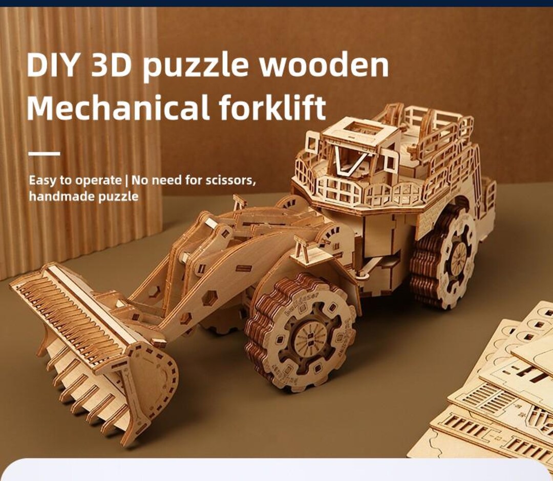 3D Wooden Puzzle Mechanical Forklift – DIY Moving Construction Vehicle ...