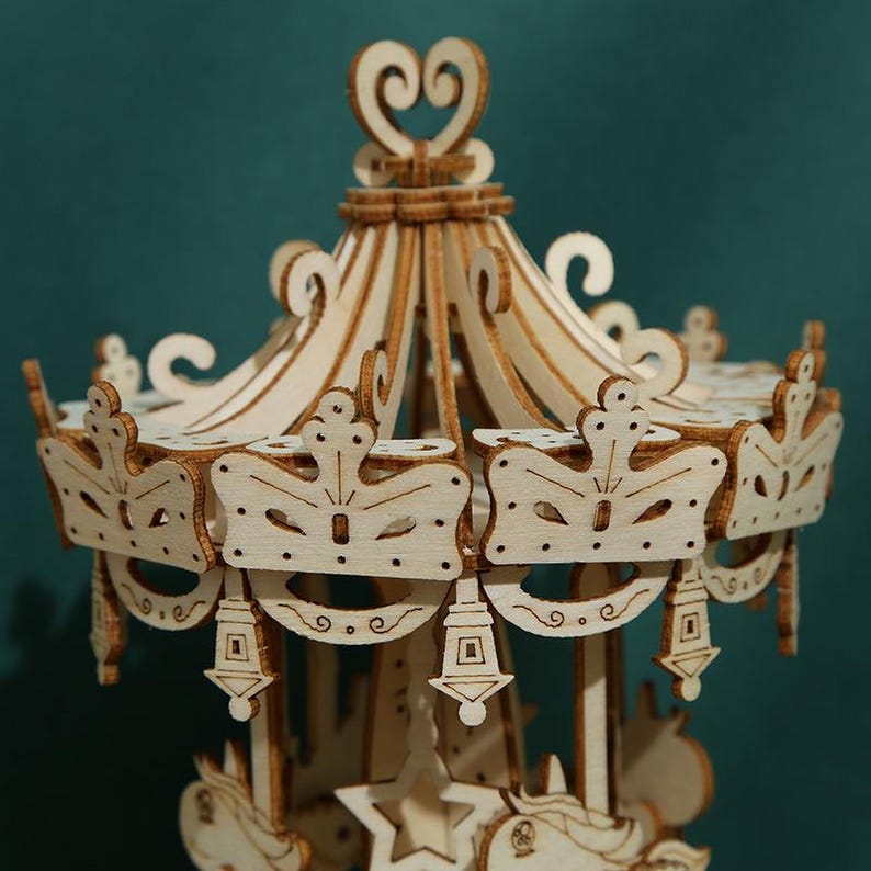 3D Wooden Puzzle Carousel – DIY Mechanical Rotating Model Kit – Vintage Wooden Carousel Puzzle ...
