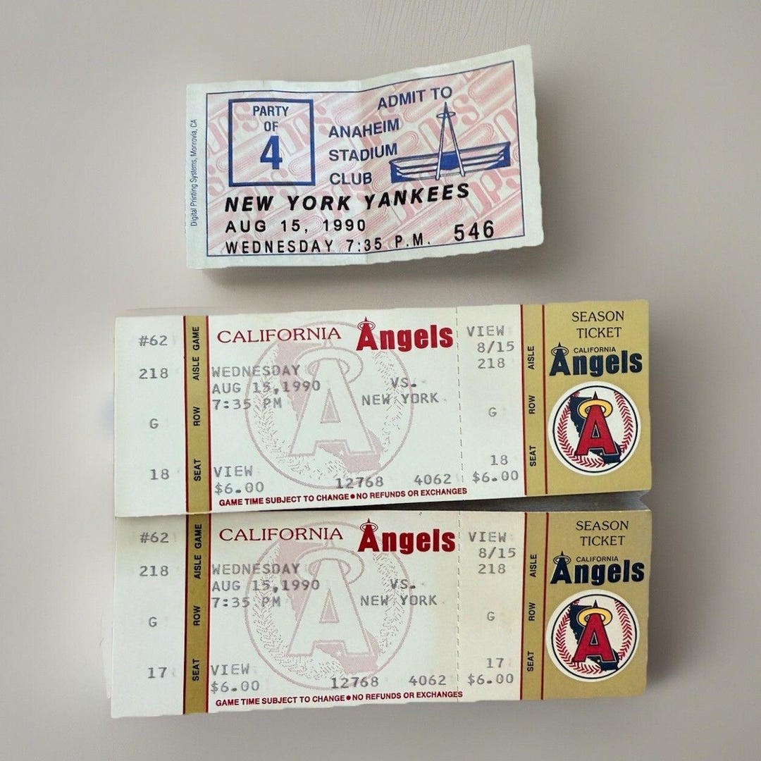 1990 California Angels Vs Yankees 2 Full Tickets With Clubhouse Pass ...