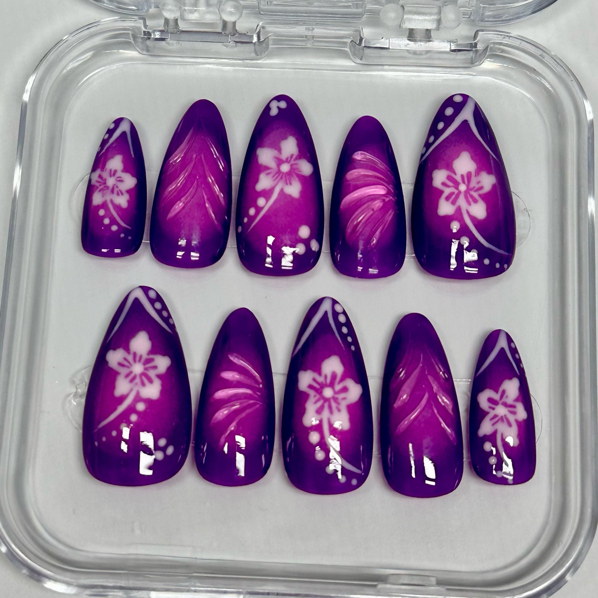 Hibiscus Press on Nails, Purple Nails, Flower Nails, 3D Nails, Summer ...