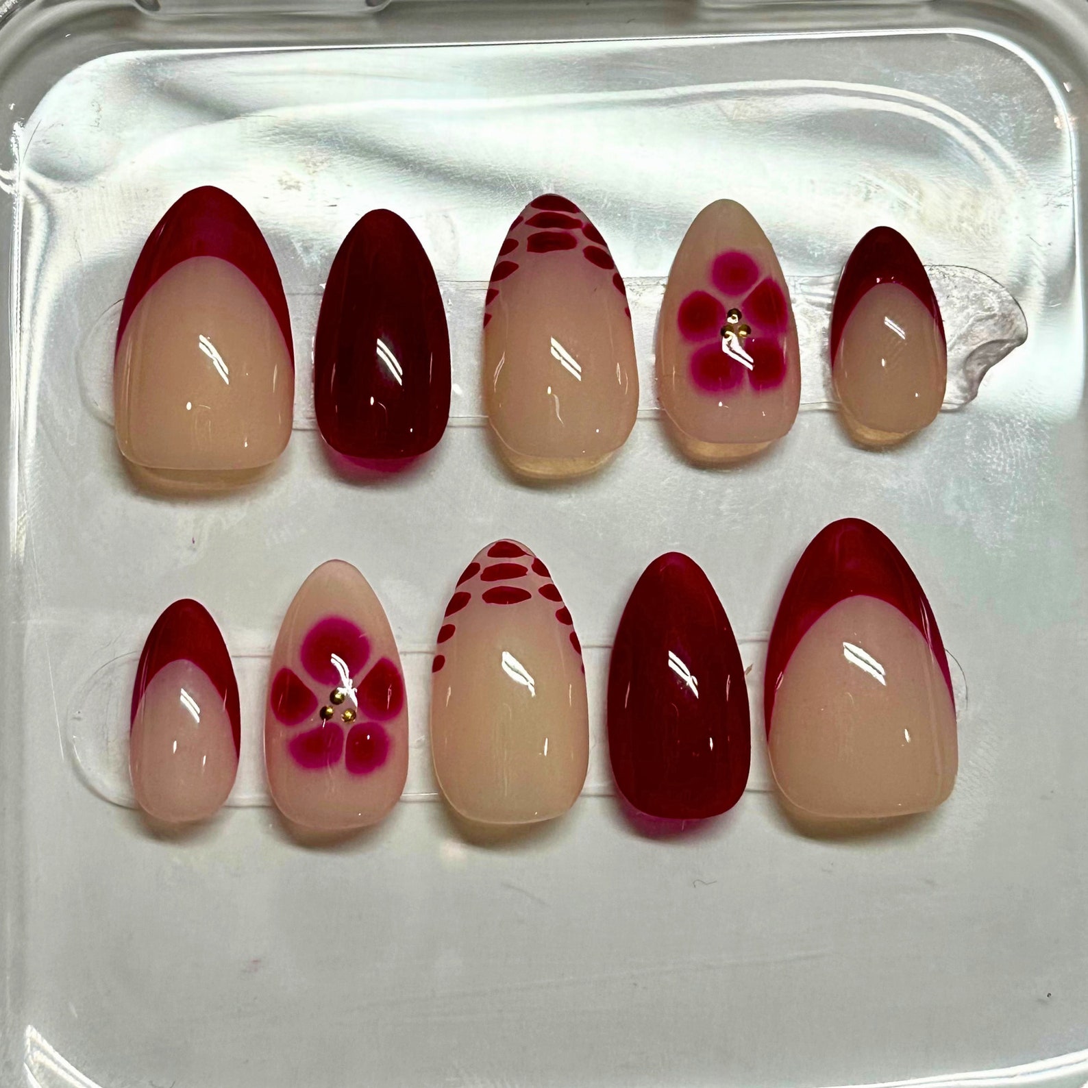 Ruby Red Press on Nails, Burgundy Nails, Flower Nails, Clean Girl Nails ...