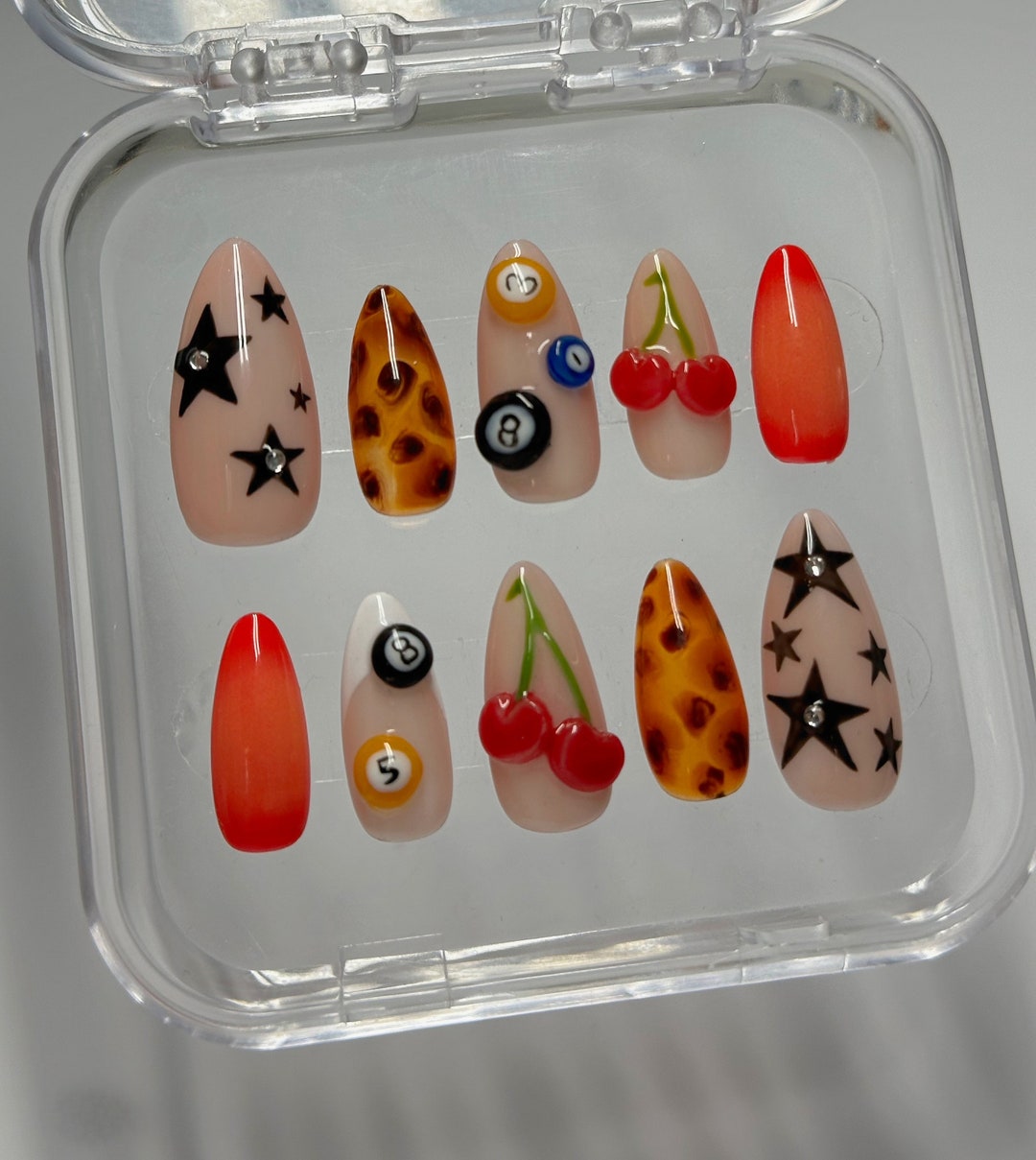 3d Cherry Press on Nails, 8 Ball Nails, Colorful Nails, Festival Nails ...