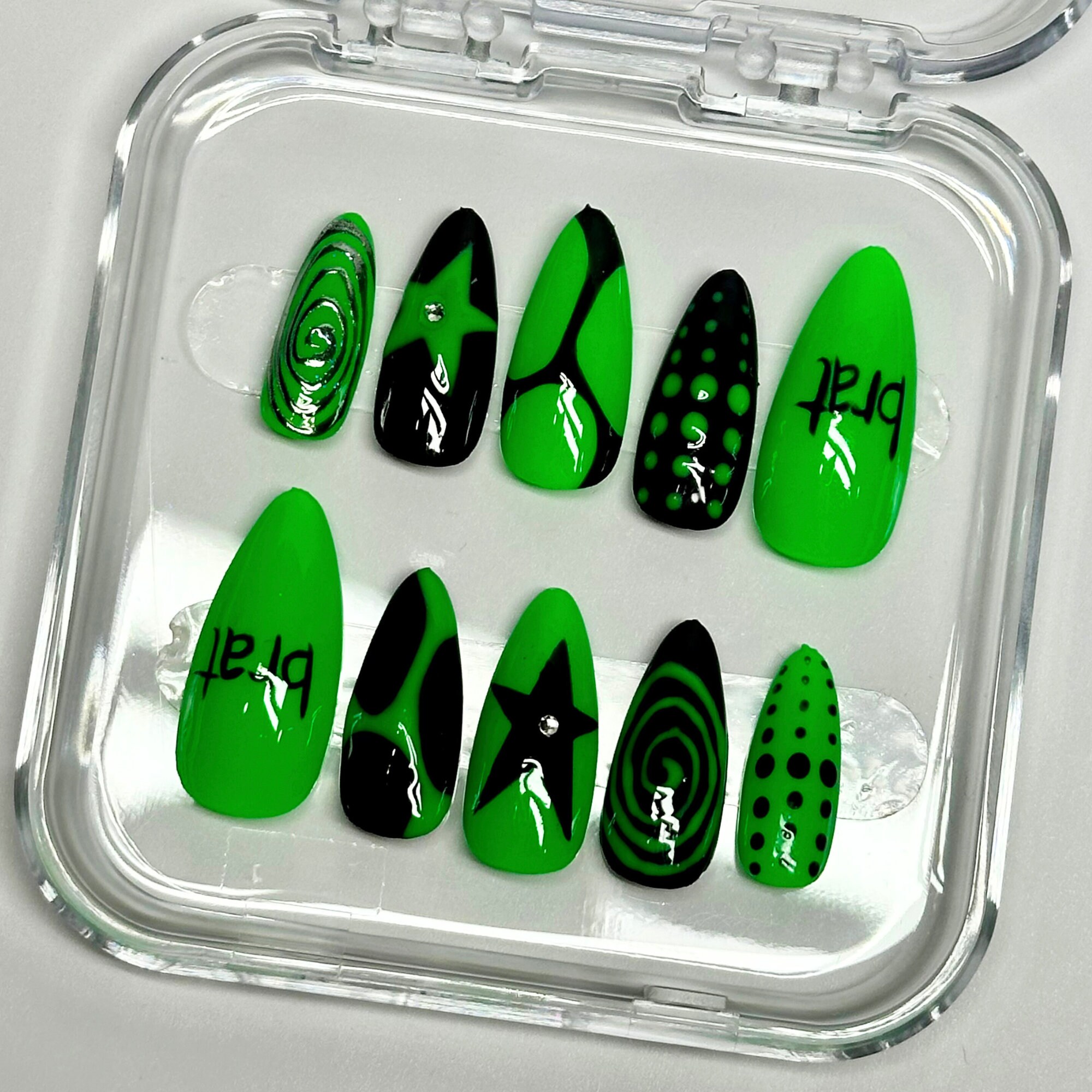 Brat Summer Press on Nails, Custom Hand-painted Nails, Neon Green Nails ...