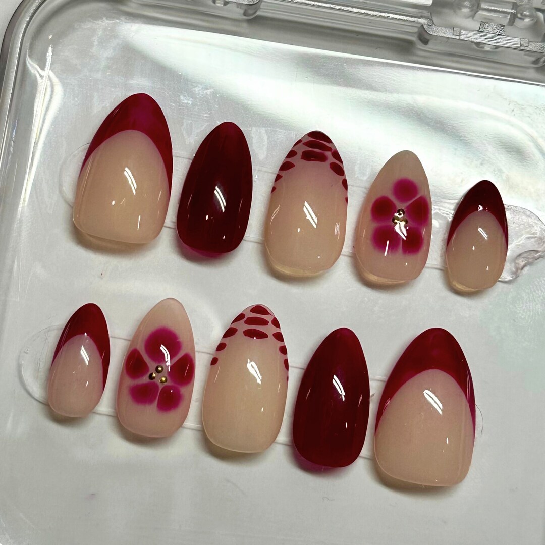 Ruby Red Press on Nails, Burgundy Nails, Flower Nails, Clean Girl Nails ...