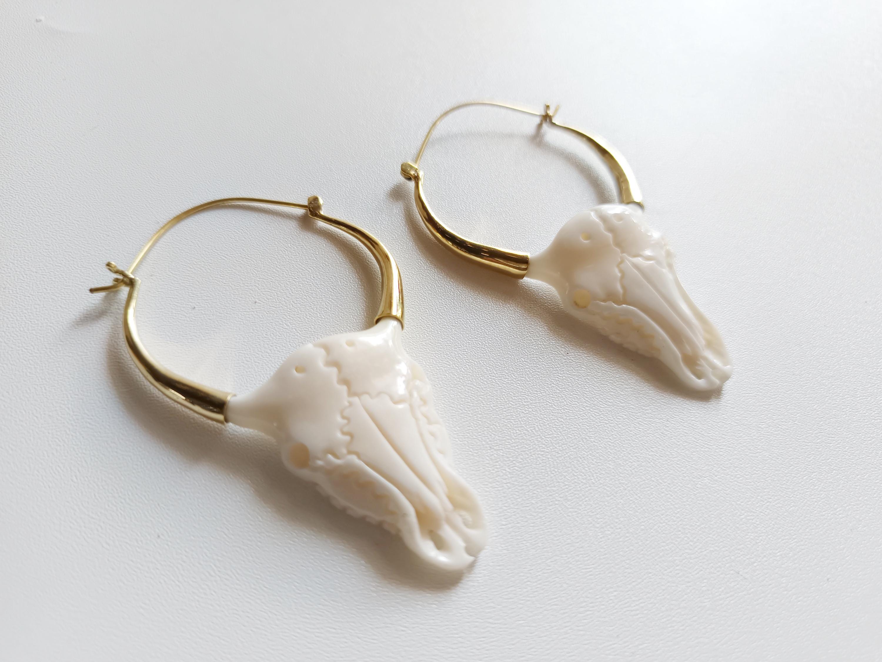 Bull Skull Handcarved Bone Earring - Gold Tone Hoop Earring - Etsy