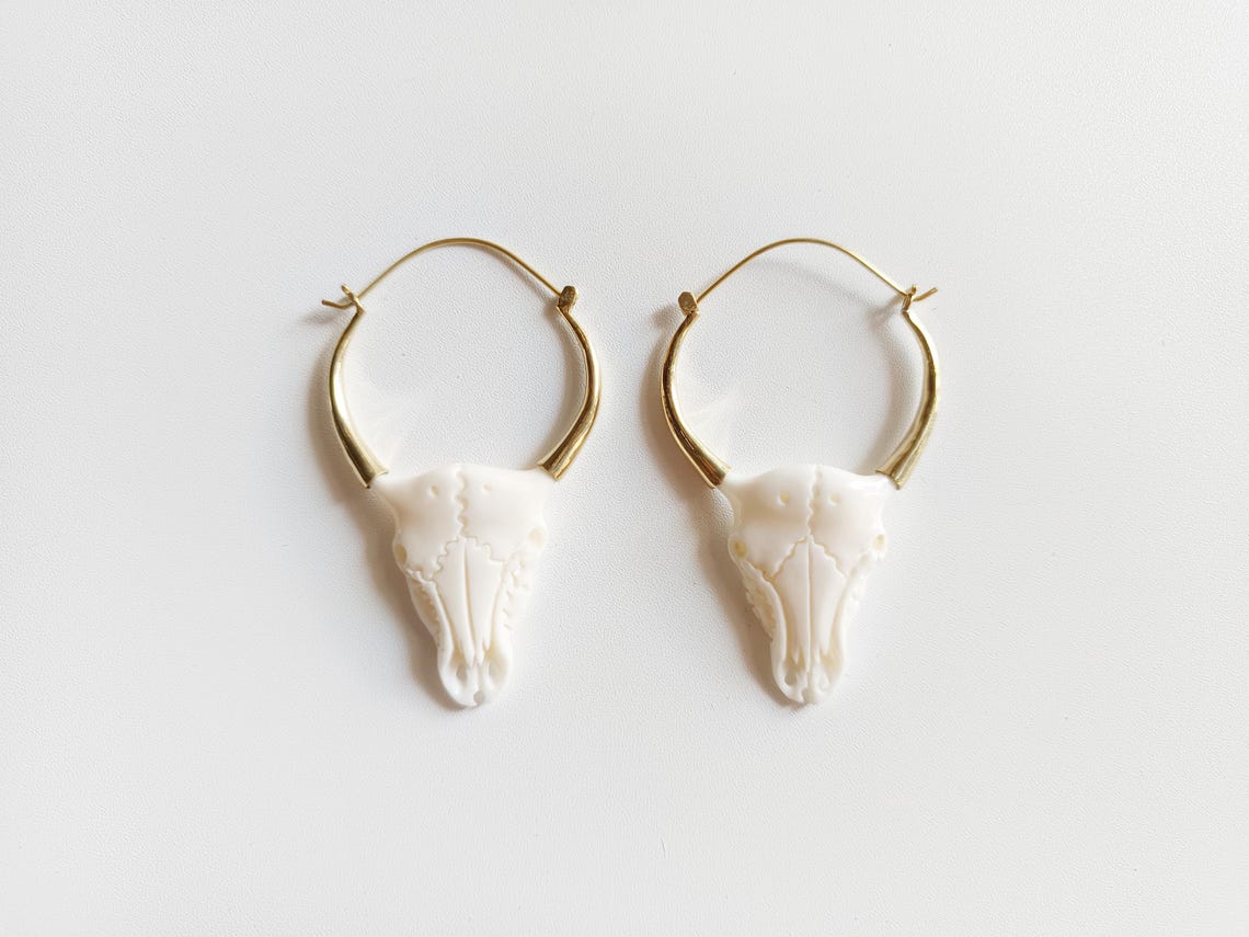 Bull Skull Handcarved Bone Earring - Gold Tone Hoop Earring - Etsy