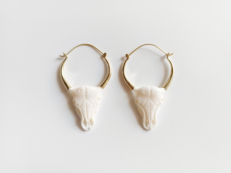 Bull Skull Handcarved Bone Earring - Gold Tone Hoop Earring - Etsy