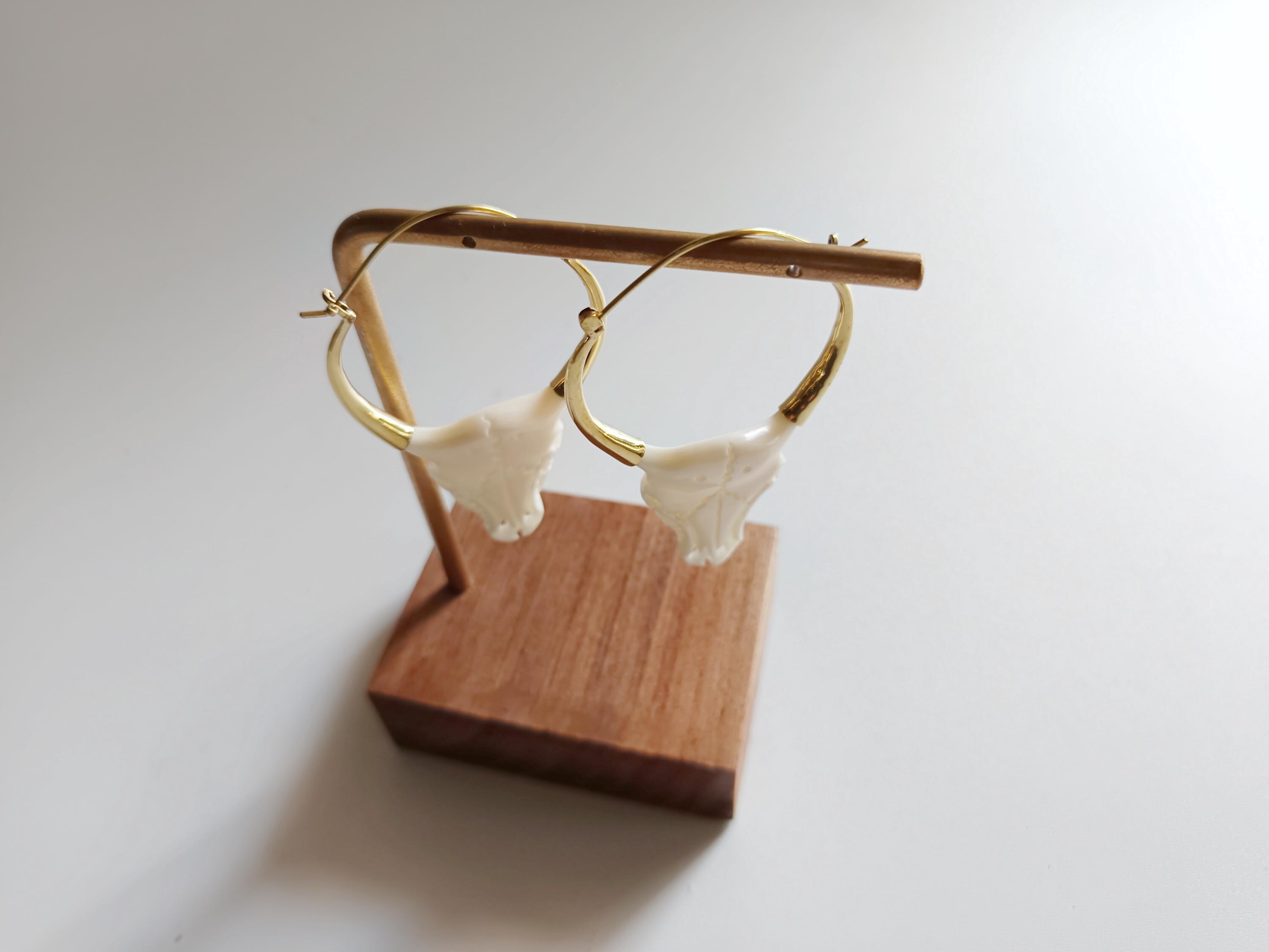 Bull Skull Handcarved Bone Earring - Gold Tone Hoop Earring - Etsy