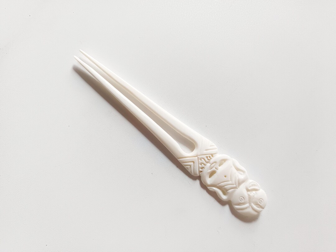 Bone Hair Stick 2 Prong , Carved Hei Tiki Carved Figure Bone Hair Fork ...