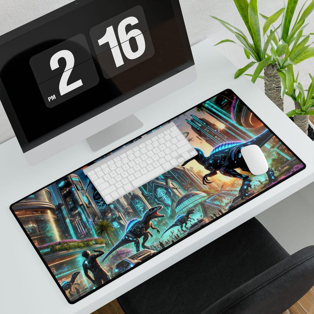 Futuristic Dinosaur Desk Mat - Sci-fi City Design | Large Mouse Pad for ...
