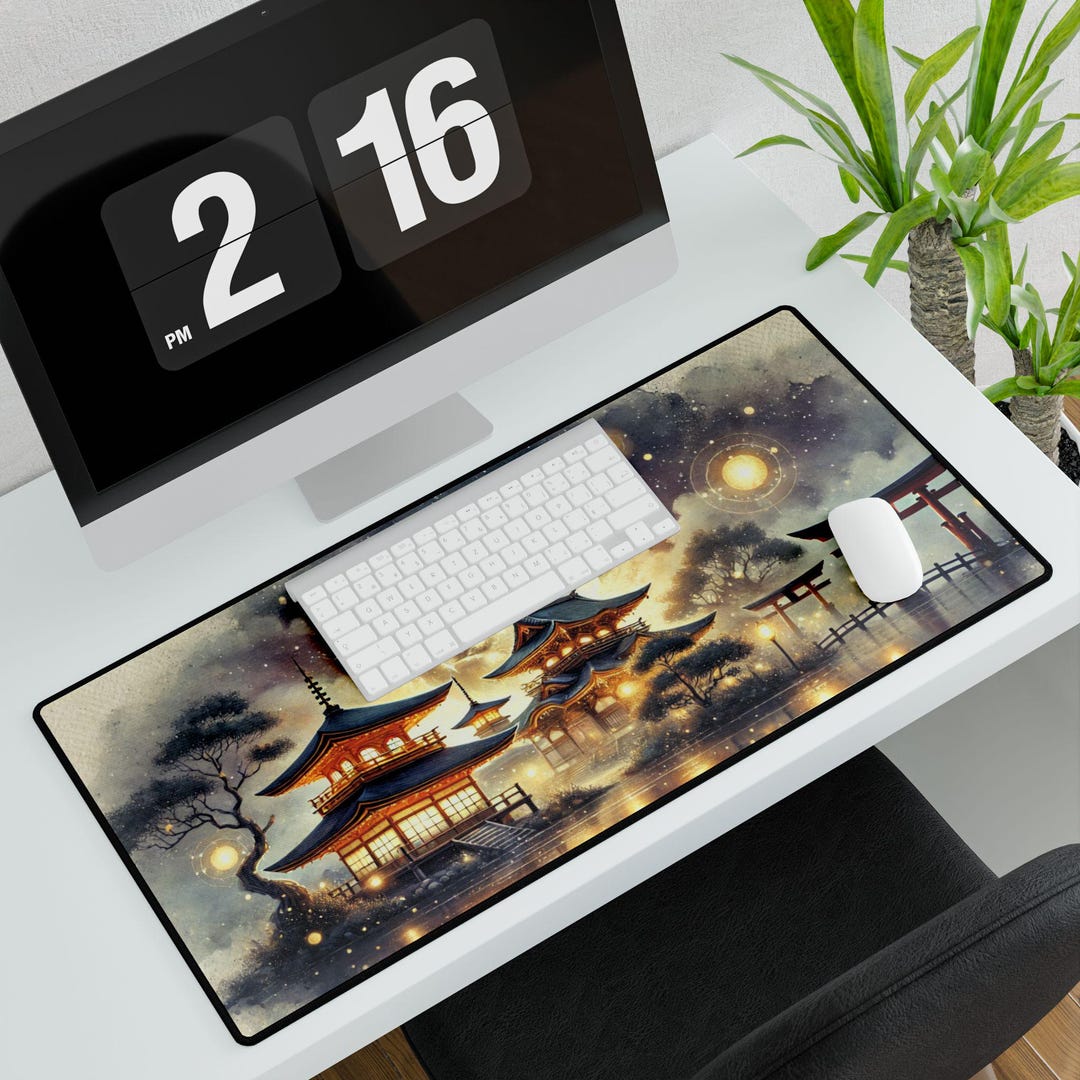 Japanese Moonlit Temple Desk Mat - Sakura Pagoda & Torii Design | Large ...