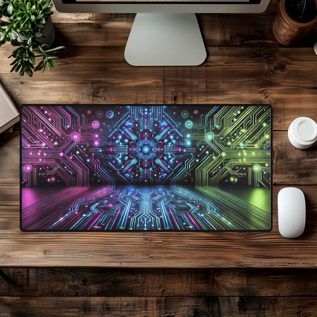 Cyberpunk Circuit Desk Mat - Futuristic Neon Tech Design | Large Non ...