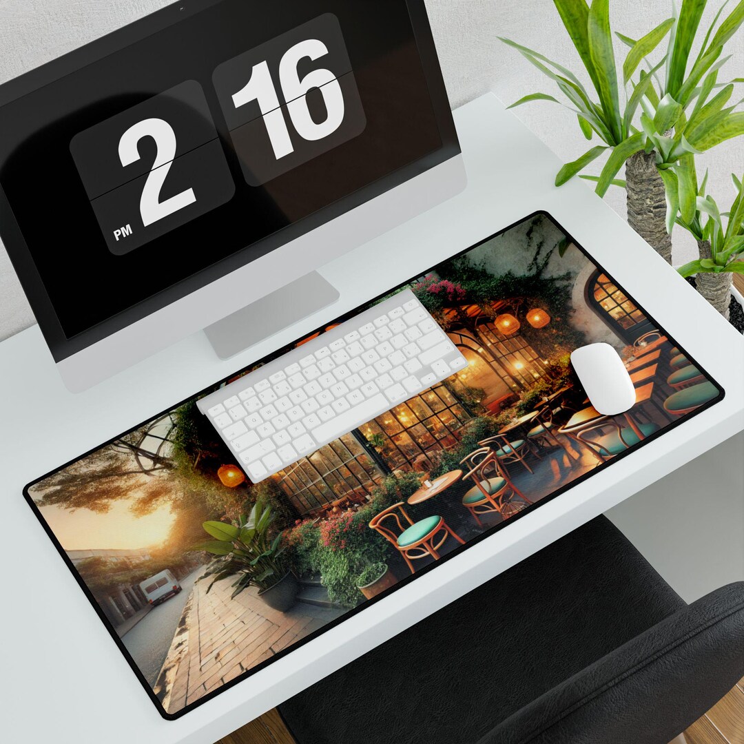 Scenic Café Desk Mat - Cozy Outdoor Vibes | Large Mouse Pad for Home ...