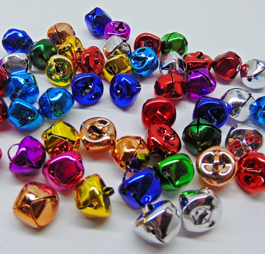 100 Colorful JINGLE BELLS ~ Mix of Bright Jewel Colors 15mm W/ Top Loop ...