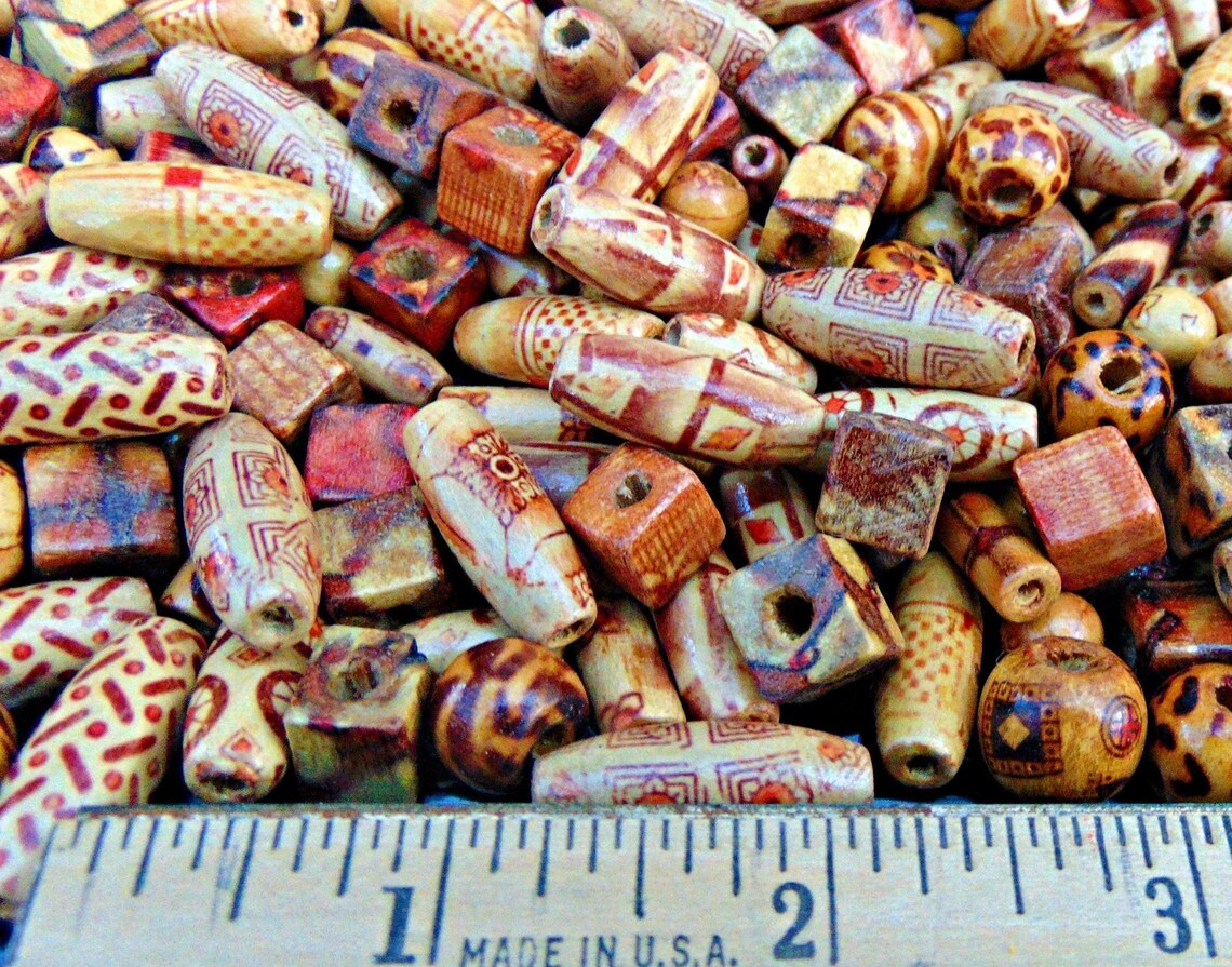 100 Wood BEADS ~ Mixed Shapes ~ Round ~ Tube ~ Oval ~cube Browns W ...