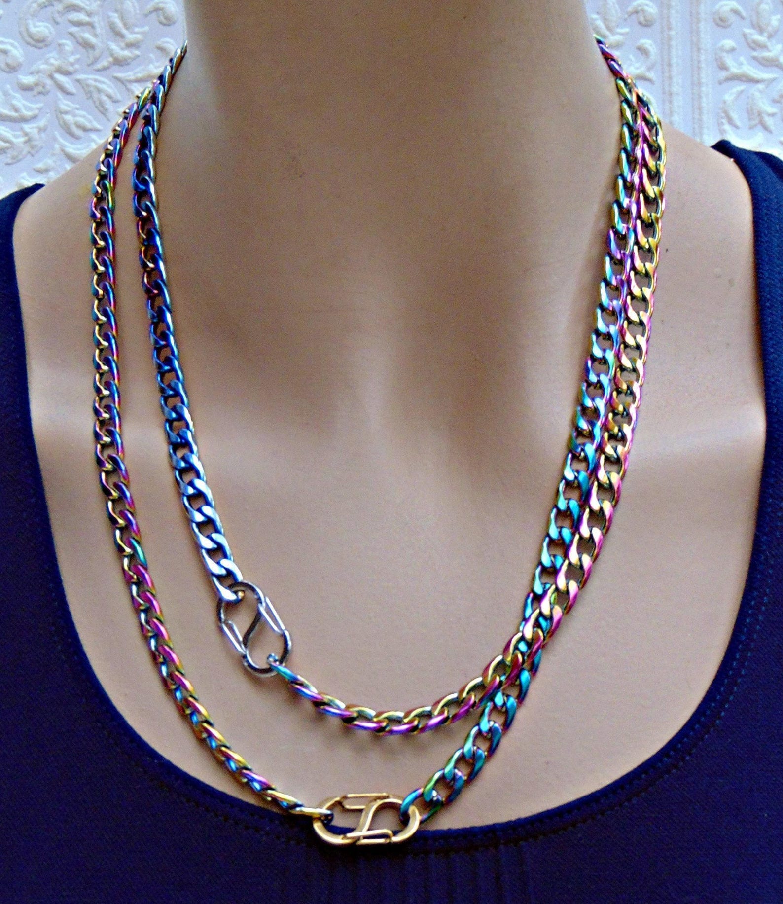 Stainless Steel Rainbow Curb Chain Necklace Bracelet Set ~ Adjustable ...
