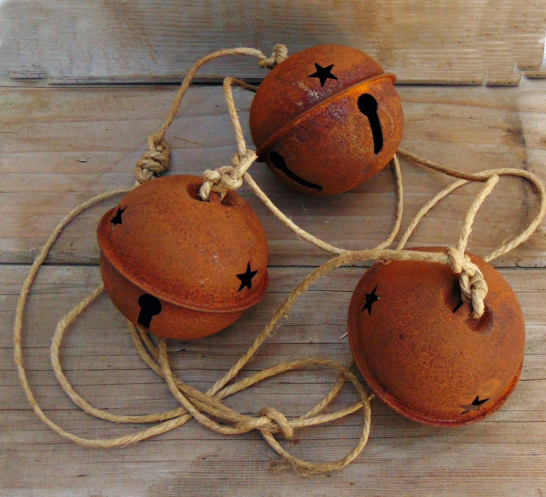 3 Large Rusty Jingle Bells Sleigh Bell W/ Hemp Cord ~ 8cm / 3.25 ...