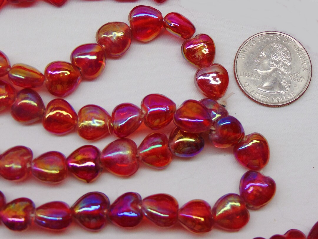 Red Heart Beads Iridescent Rainbow 10mm Glass ~ 16" Strand ~ Approx 40 ...