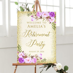 Purple Retirement Welcome Sign, Printed Retirement Party Sign, Floral ...