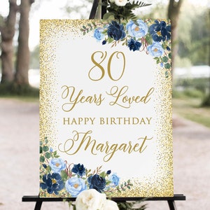 PRINTED or DIGITAL 80th Birthday Welcome Sign, Blue Floral Birthday ...