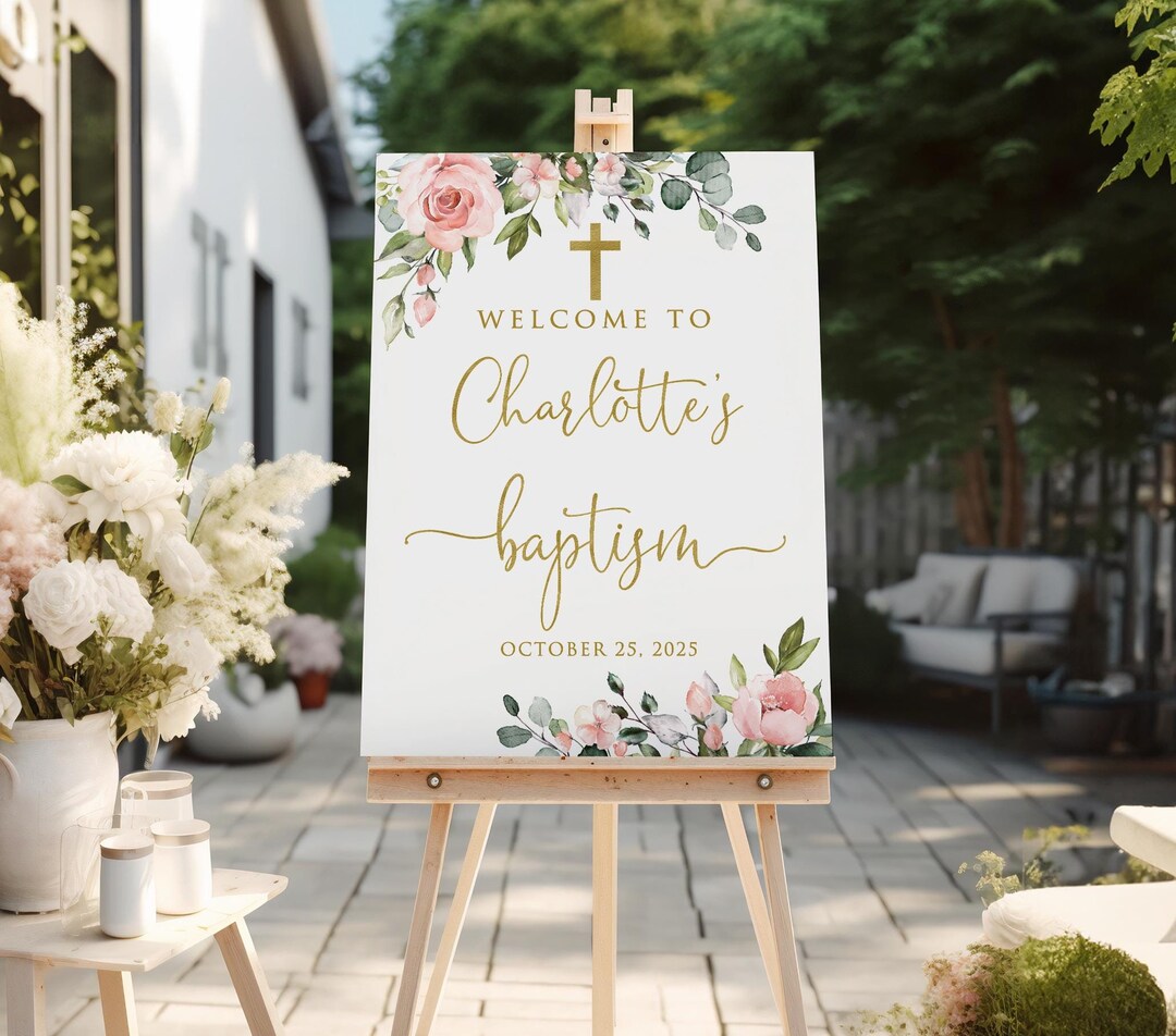 PRINTED Floral Blush Pink Baptism Welcome Sign, Light Pink Decor, First ...