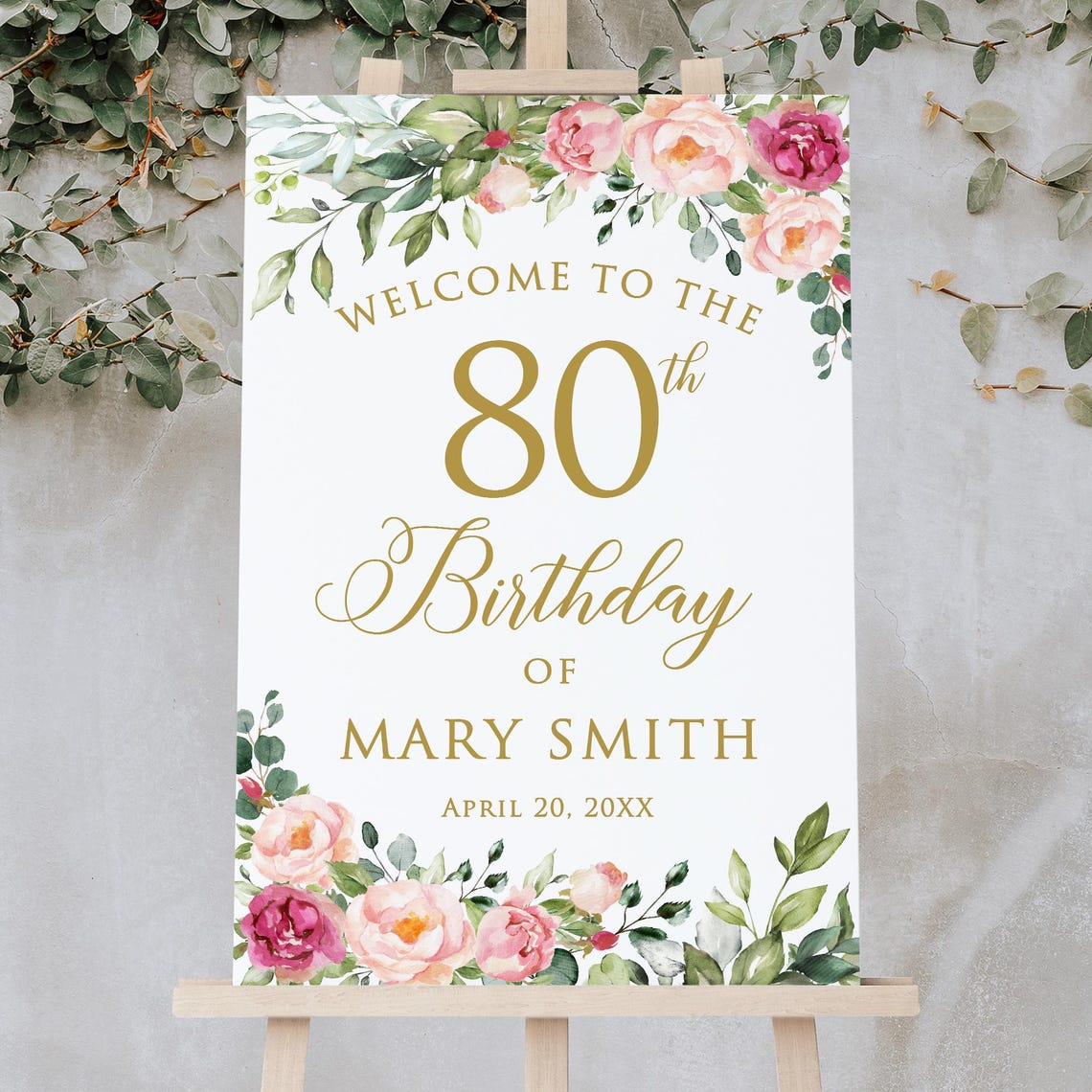 PRINTED or DIGITAL 80th Birthday Welcome Sign for Women Wit Greenery ...