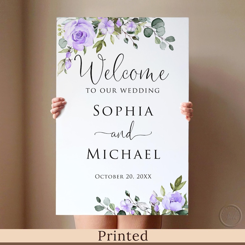 PRINTED or DIGITAL Purple Floral Wedding Welcome Sign Personalized Foam ...