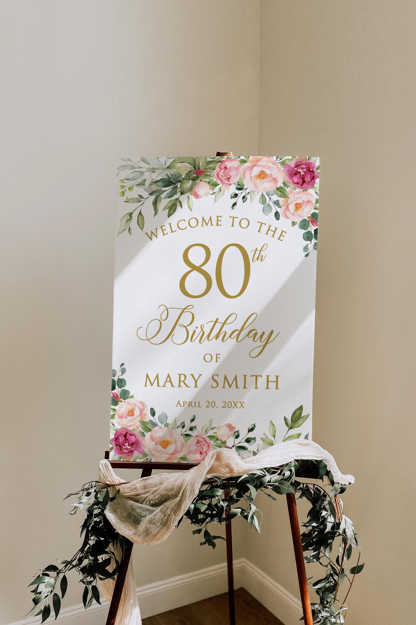 PRINTED or DIGITAL 80th Birthday Welcome Sign for Women Wit Greenery ...