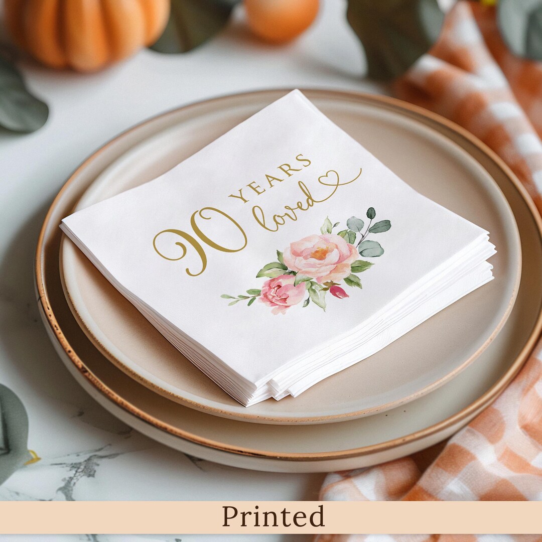 PRINTED Napkins, 90th Birthday Napkins With Pink Flowers and ...