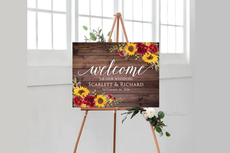 PRINTED Rustic Sunflowers and Red Roses Wedding Welcome Sign, Yellow ...