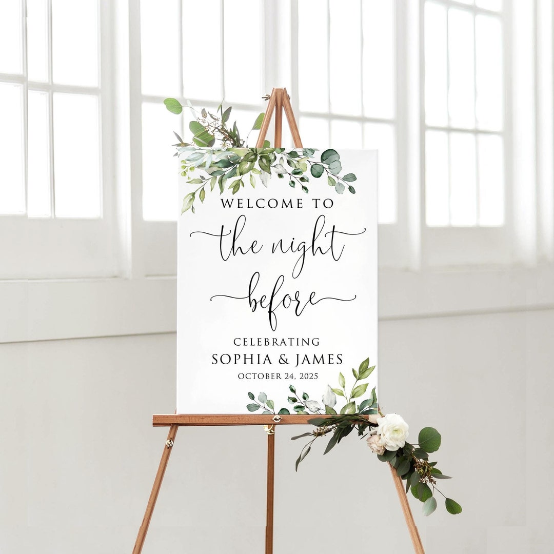 PRINTED Welcome to the Night Before Sign, Greenery Rehearsal Dinner ...