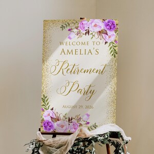 Purple Retirement Welcome Sign, Printed Retirement Party Sign, Floral ...