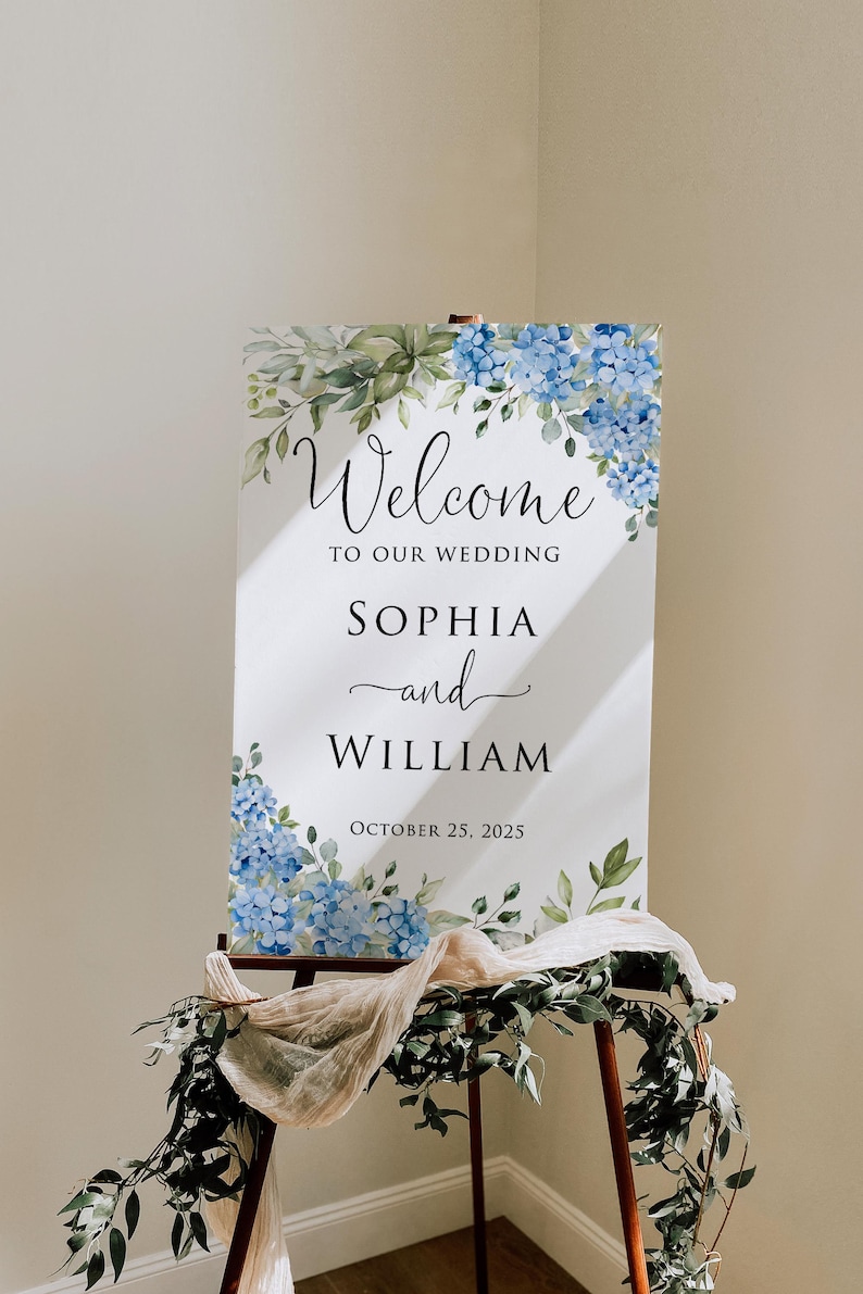 PRINTED or DIGITAL Blue Hydrangea Wedding Welcome Sign, Foam Board or ...