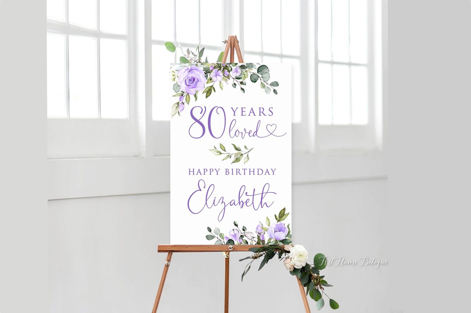 PRINTED 80th Birthday Welcome Sign, 80 Years Loved Sign, Floral Purple ...