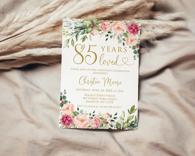 PRINTED or DIGITAL Pink Floral 85th Birthday Invitation for Women, 85 ...