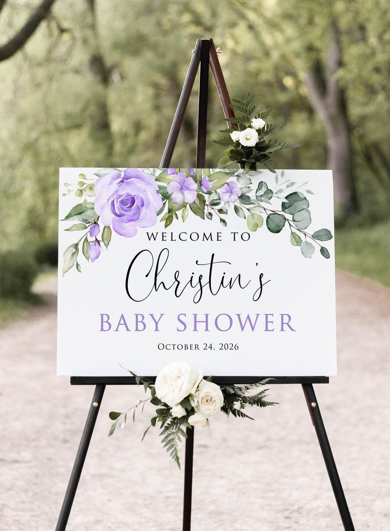 PRINTED or DIGITAL Purple Baby Shower Welcome Sign, Lilac Floral Baby ...
