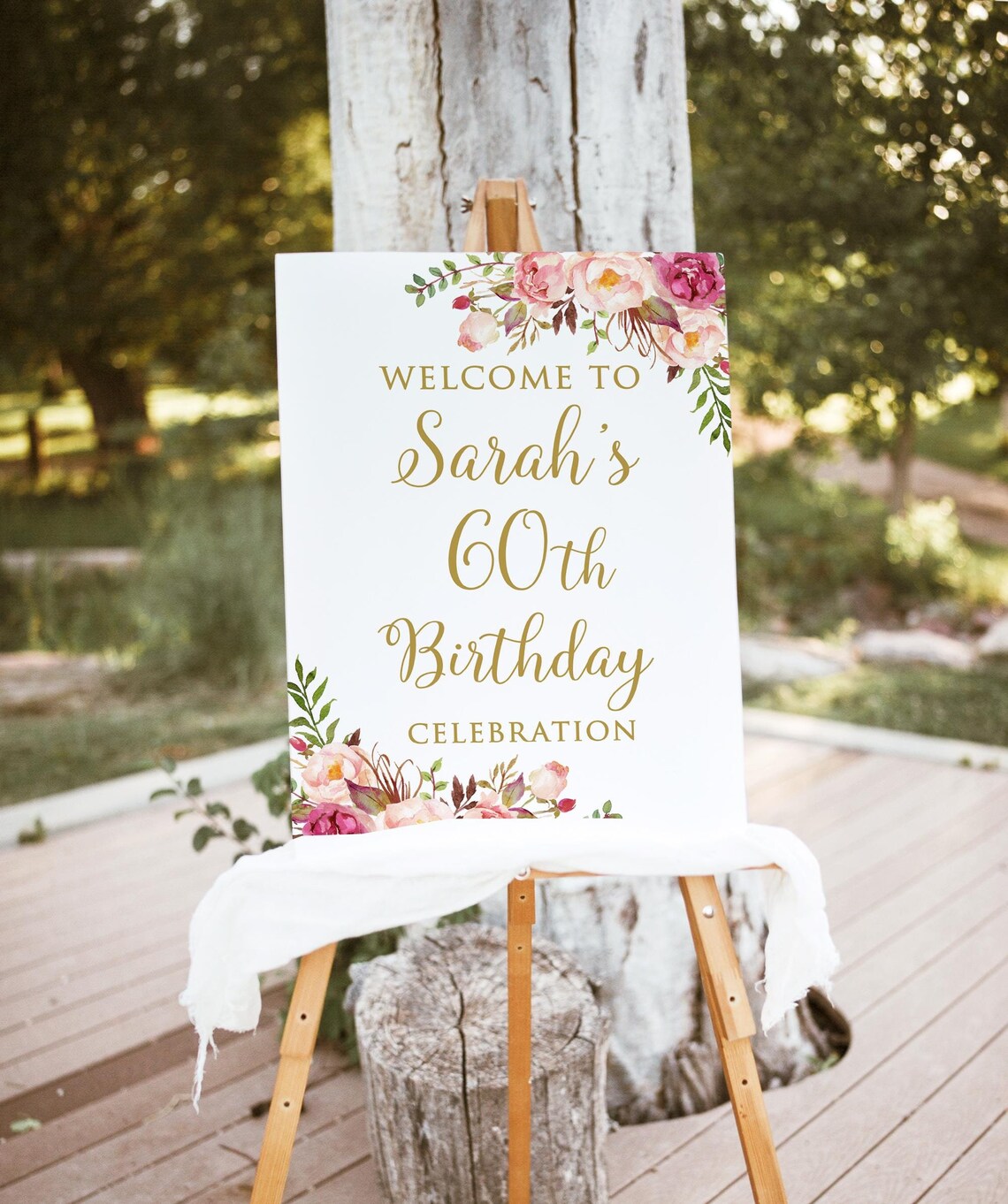 PRINTED Floral 60th Birthday Welcome Sign, Pink Birthday Sign Any Age ...